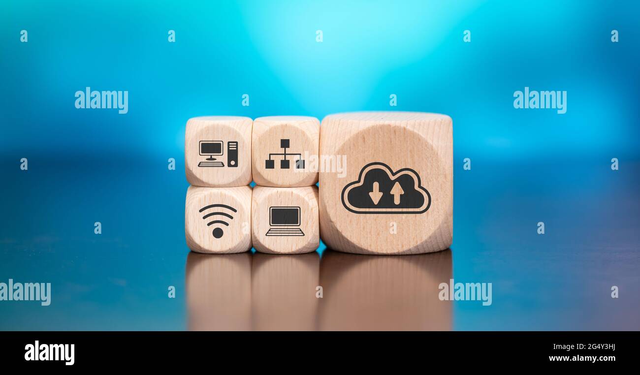 Wooden blocks with symbol of cloud networking concept on blue ...