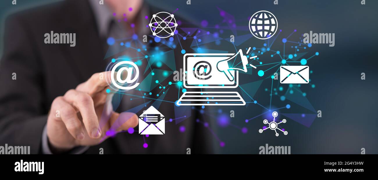 Man touching an internet marketing concept on a touch screen with his ...