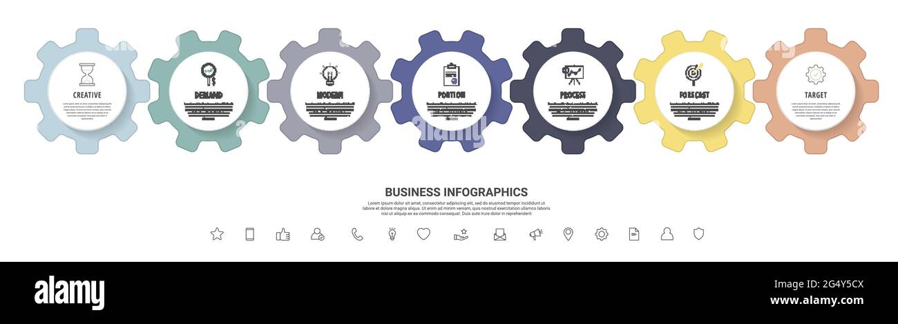 Infographic gears with seven steps. Modern vector timeline with ...