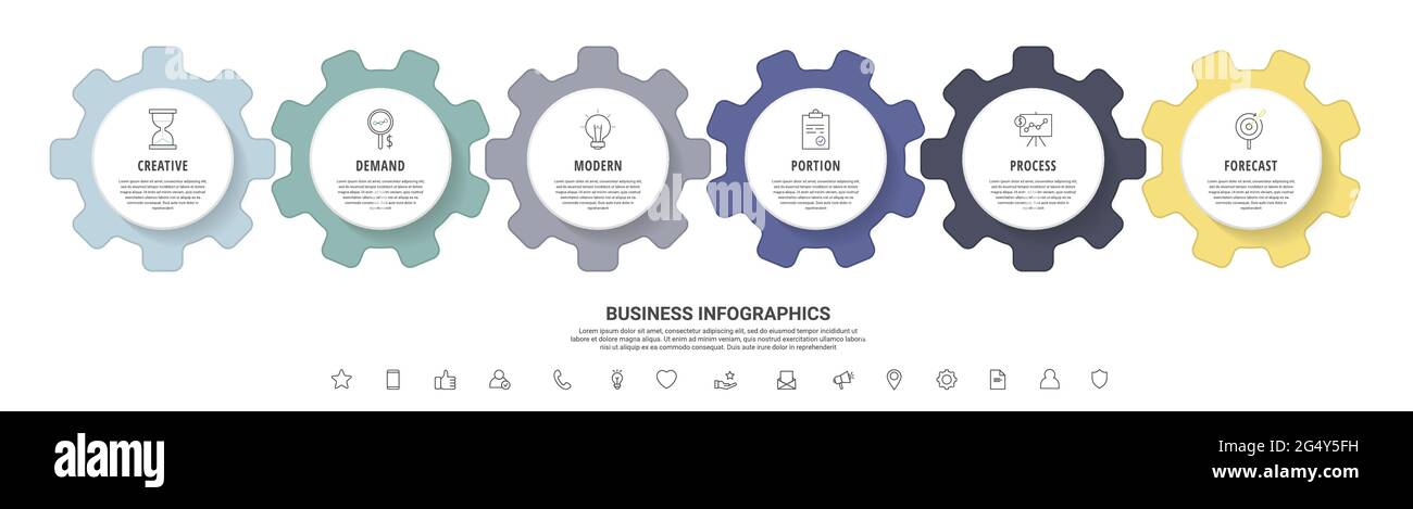 Infographic gears with six steps. Modern vector timeline with cogwheels ...