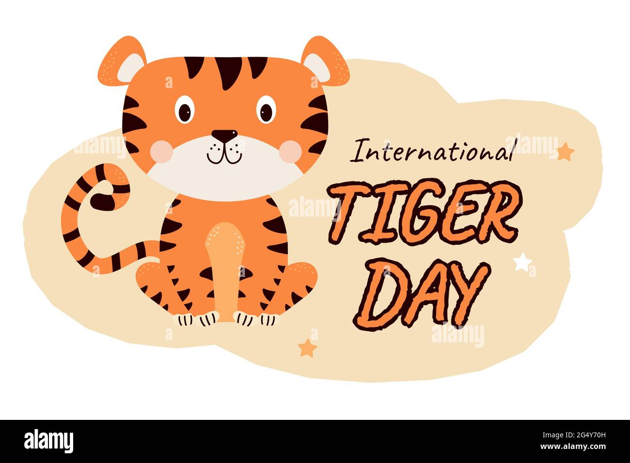 International Tiger Day. Cute striped sitting tiger with text on a ...