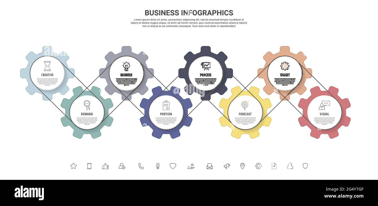 Vector infographic gears with eight steps. Modern timeline with cogwheels for business concept ...