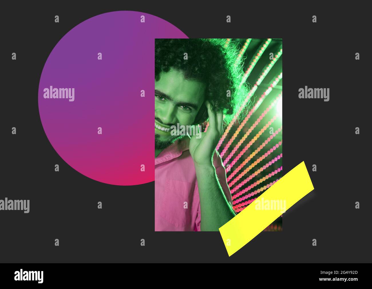 Male dj on colorful gradient abstract shapes against black background ...