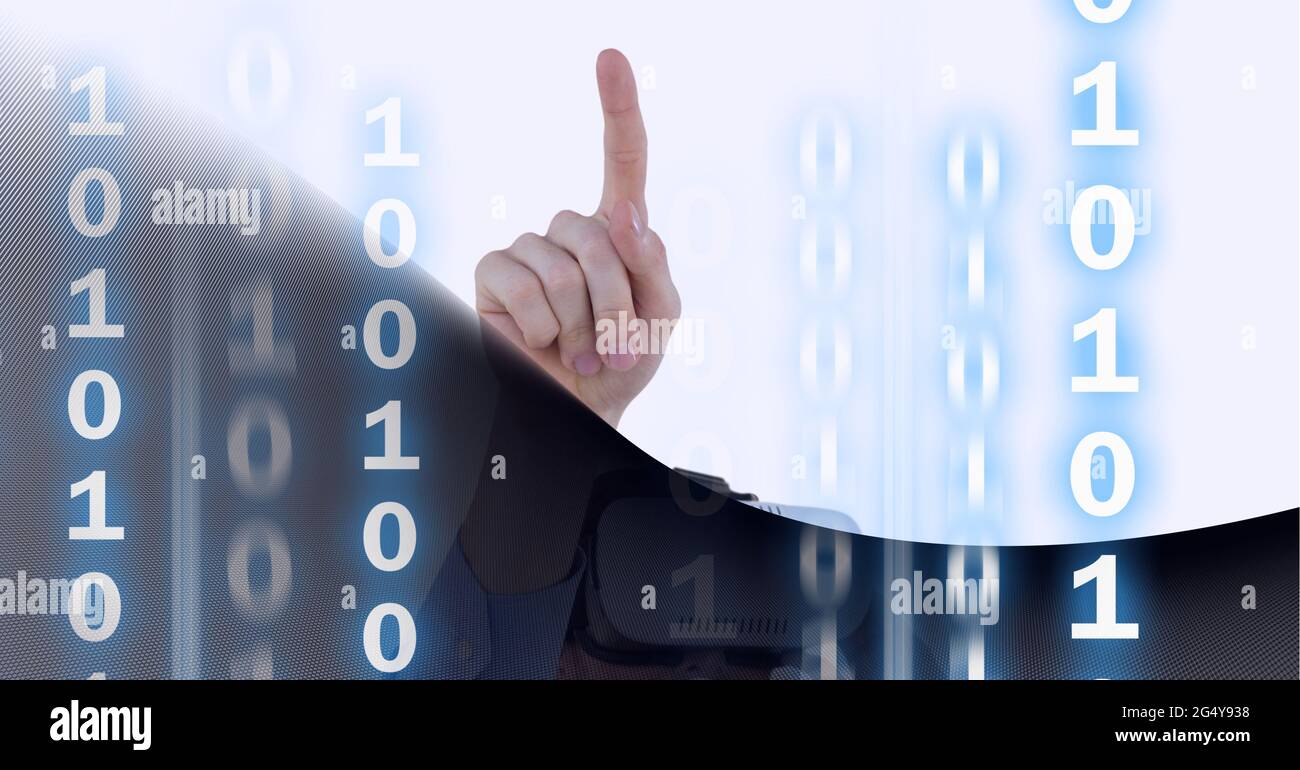 Binary coding data processing over man wearing vr headset touching invisible screen Stock Photo ...