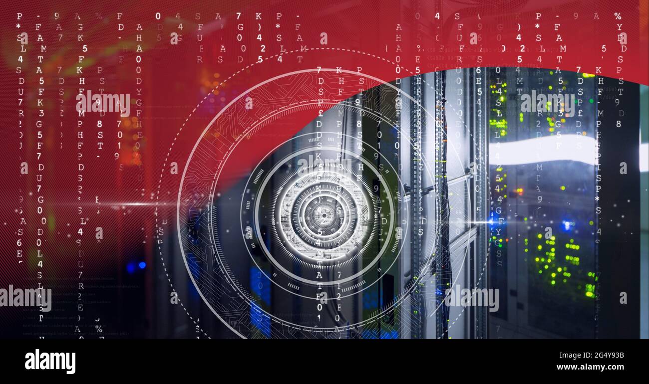 Round scanner and data processing over computer server room against red ... Round scanner and data processing over computer server room against red ...