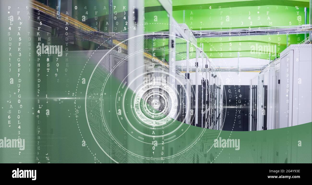 Round scanner and data processing over computer server room against green technology background ...