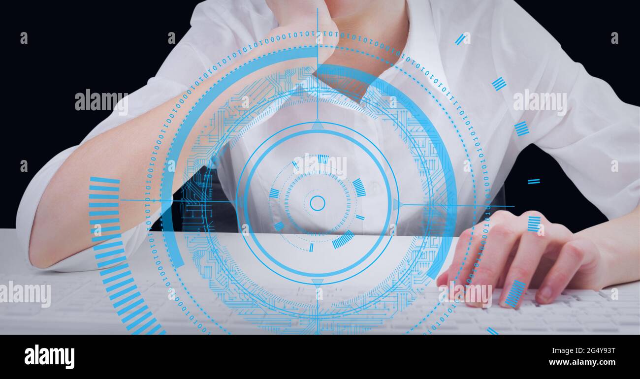 Round scanner against mid section of woman using computer against black ...