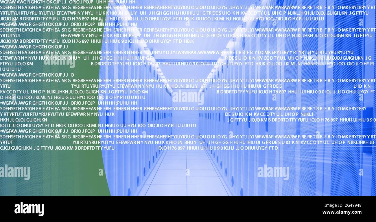 Data processing against empty computer server room against green technology background Stock ...