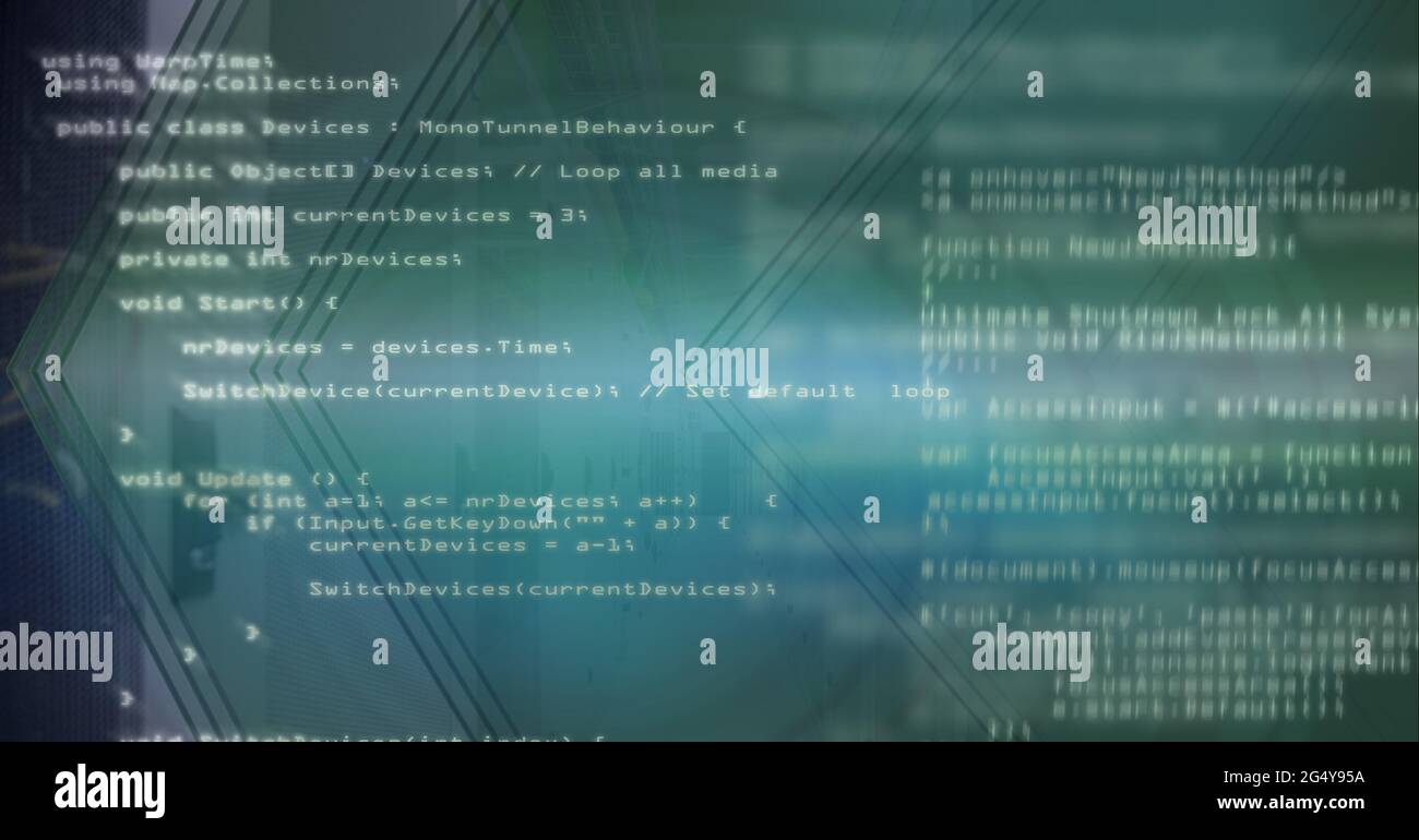 Data processing over empty computer server room against green ...