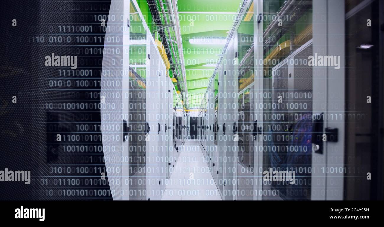 Binary Coding Data Processing Over Empty Computer Server Room Against Grey Technology Background