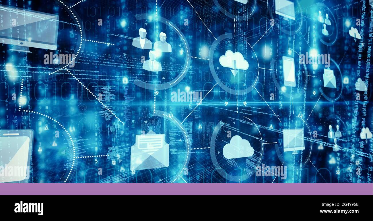 Network of digital icons over data processing against blue background ...