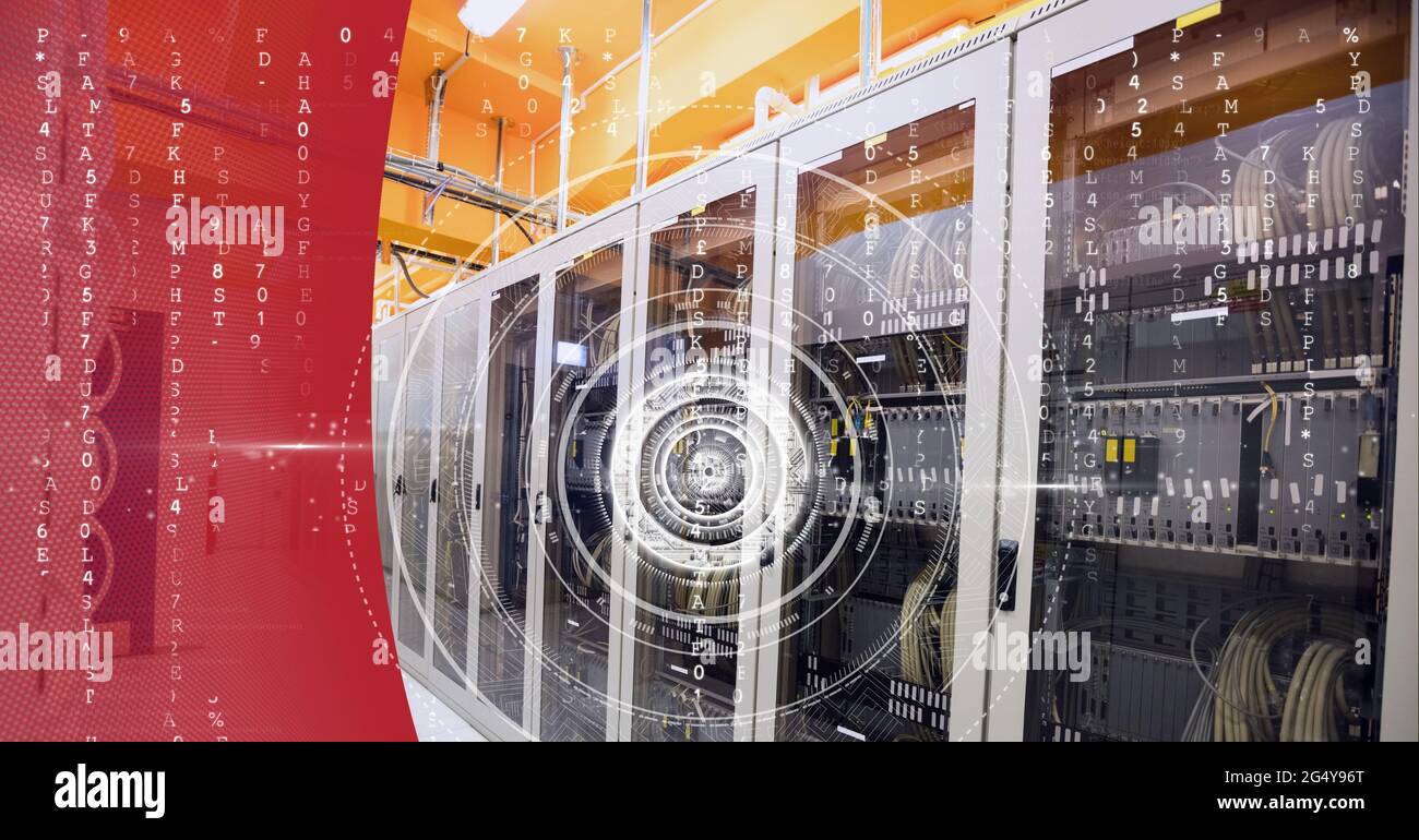 Round scanner and data processing over computer server room against red technology background ...