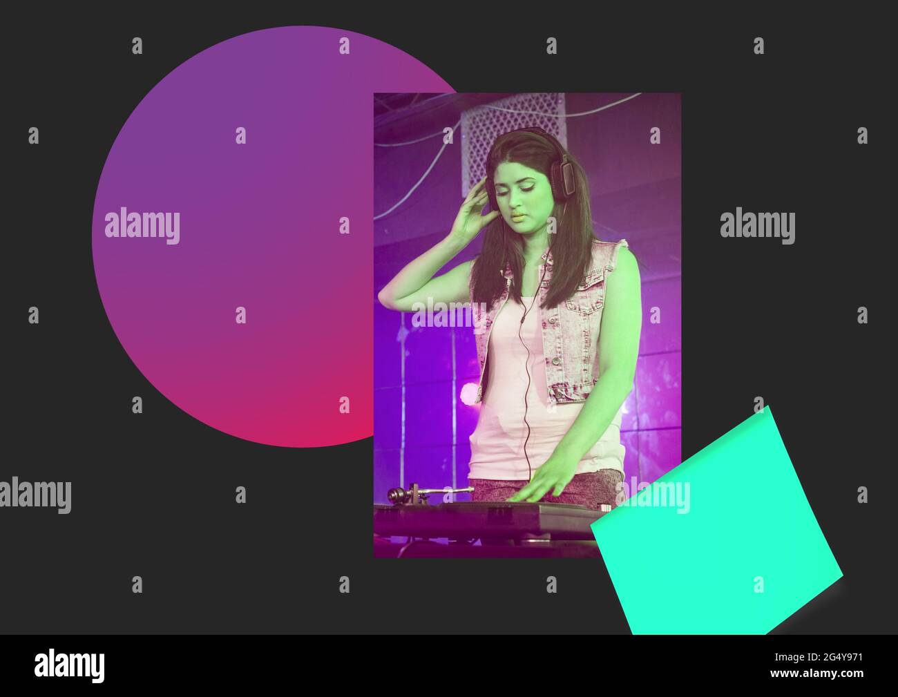 Female dj on colorful gradient abstract shapes against black background ...
