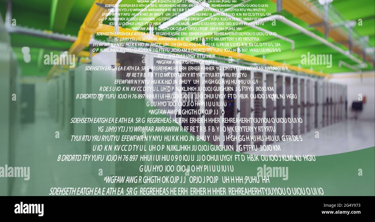 Data processing against empty computer server room against green technology background Stock ...