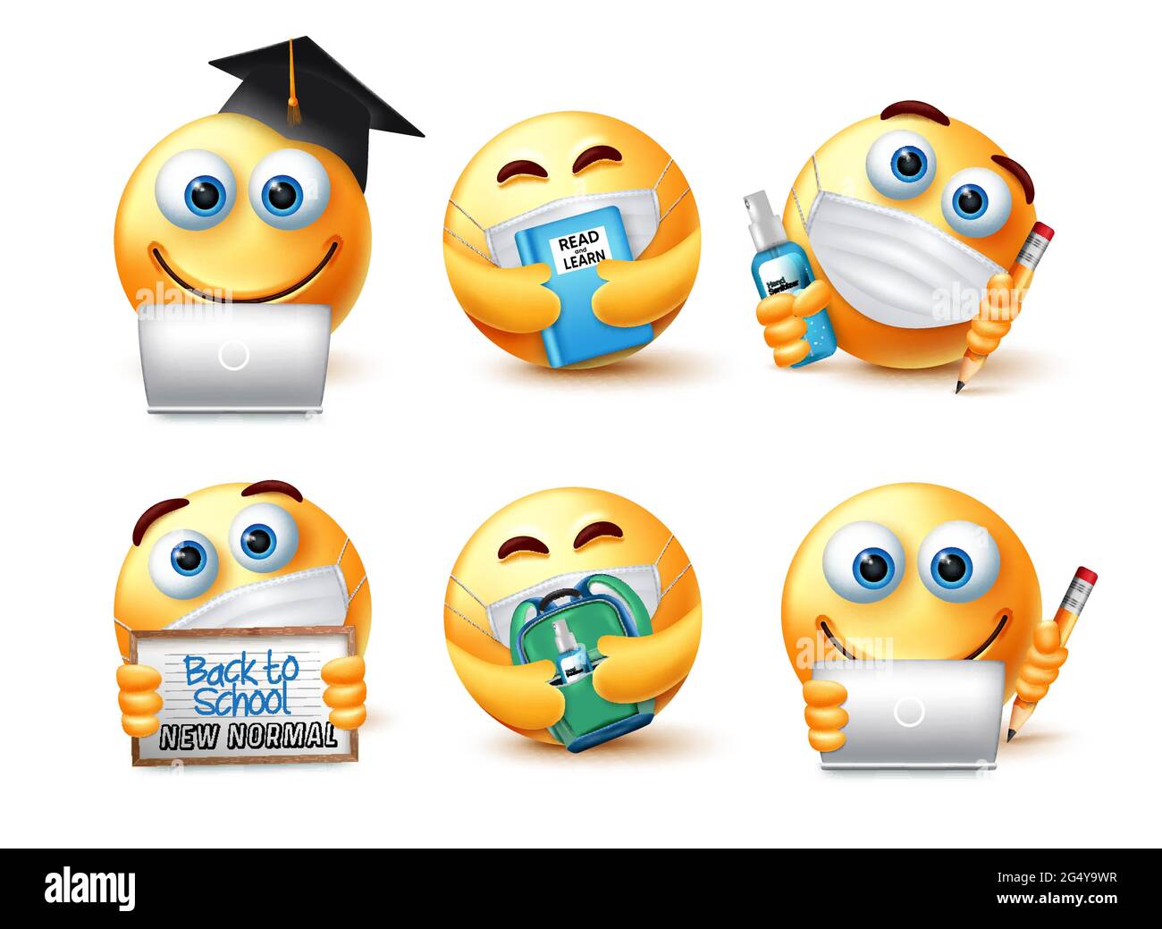 Back to school smiley covid-19 guidelines vector set. Emoticon 3d ...