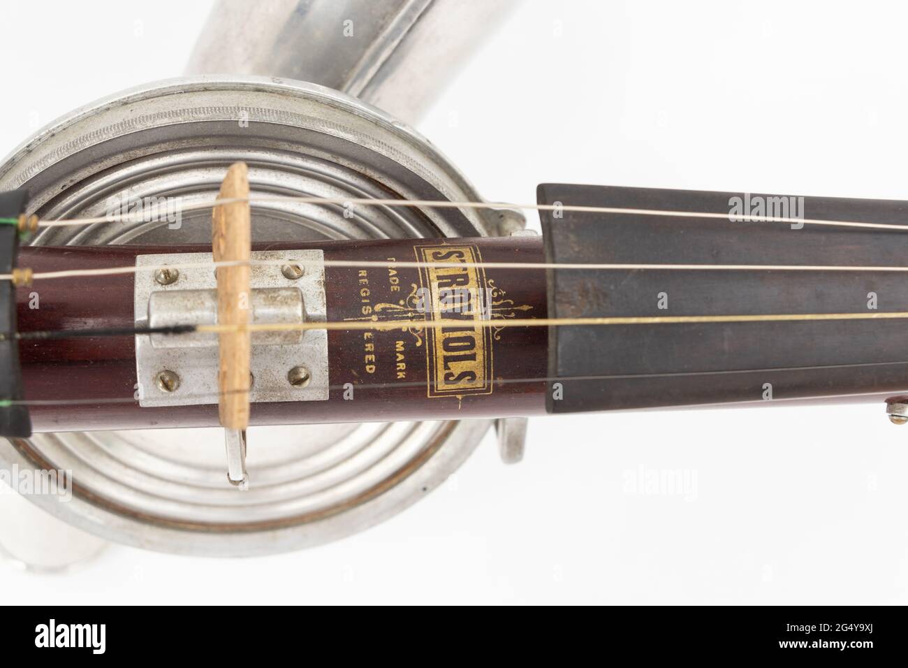 close up of fretboard of A Stroh violin or phonofiddle or stroviol ...