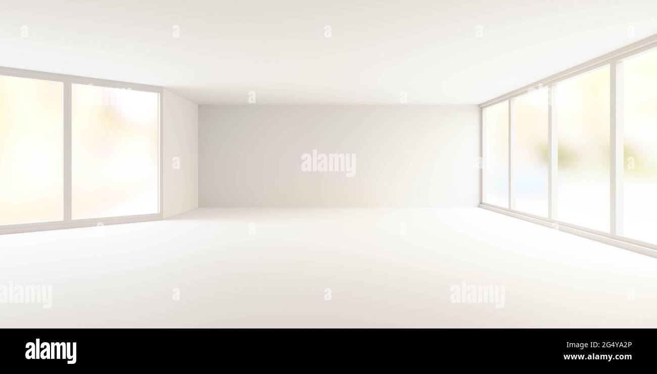 Empty white studio room with bright day light and big windows 3d render ...
