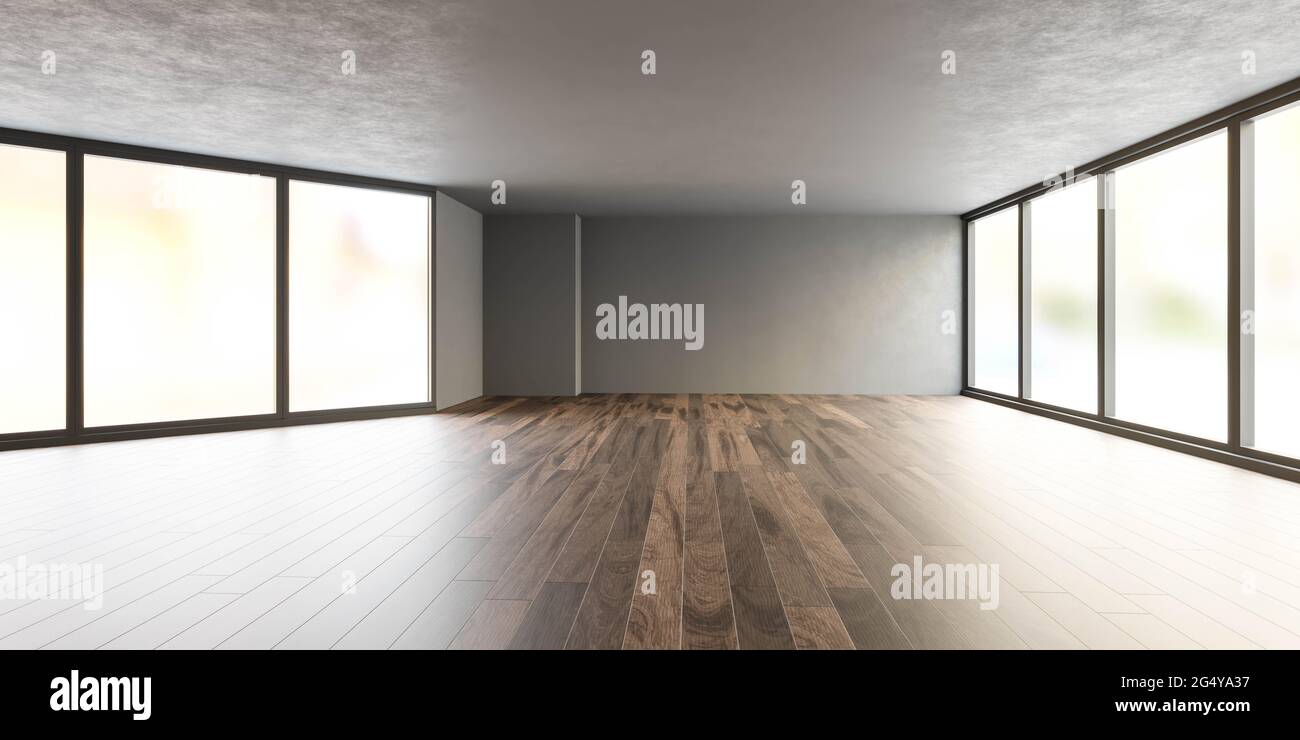 empty unfurnished loft room with big windows and solid wood floor 3d ...