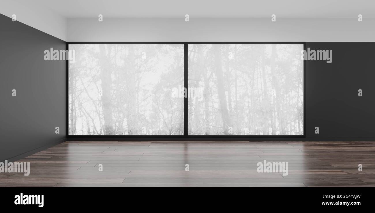 empty modern studio with big windows and foggy forest view with wooden ...