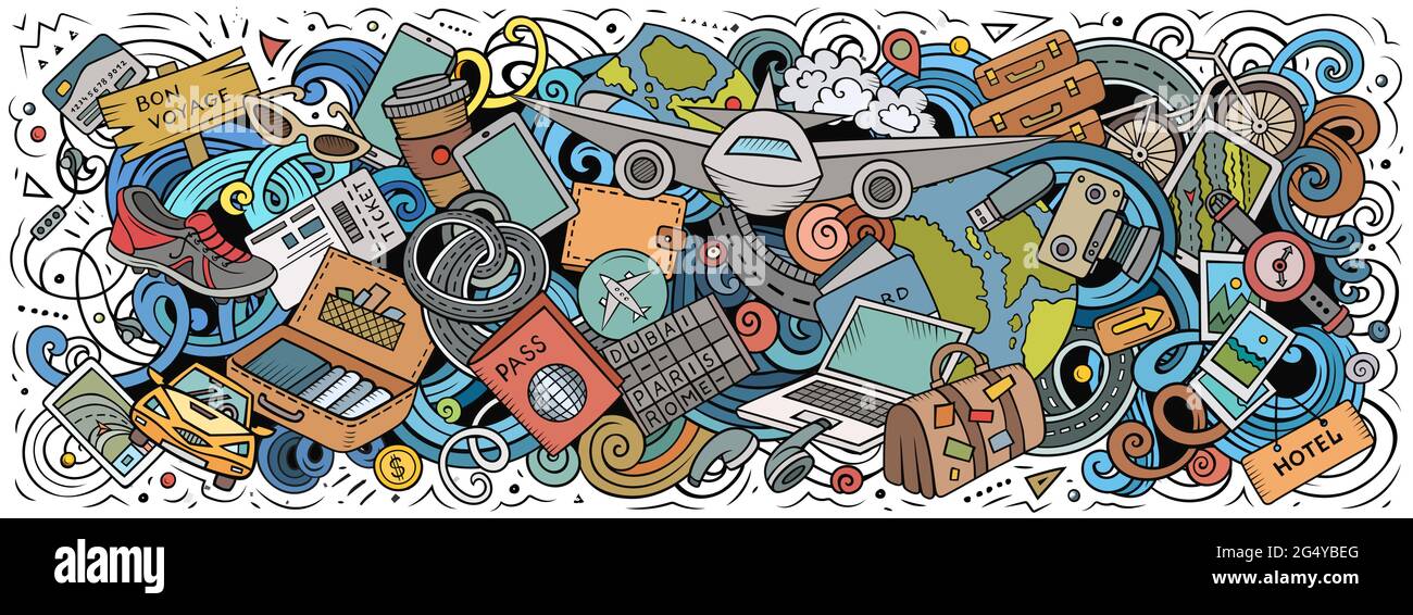 Traveling hand drawn cartoon doodles illustration Stock Vector Image ...