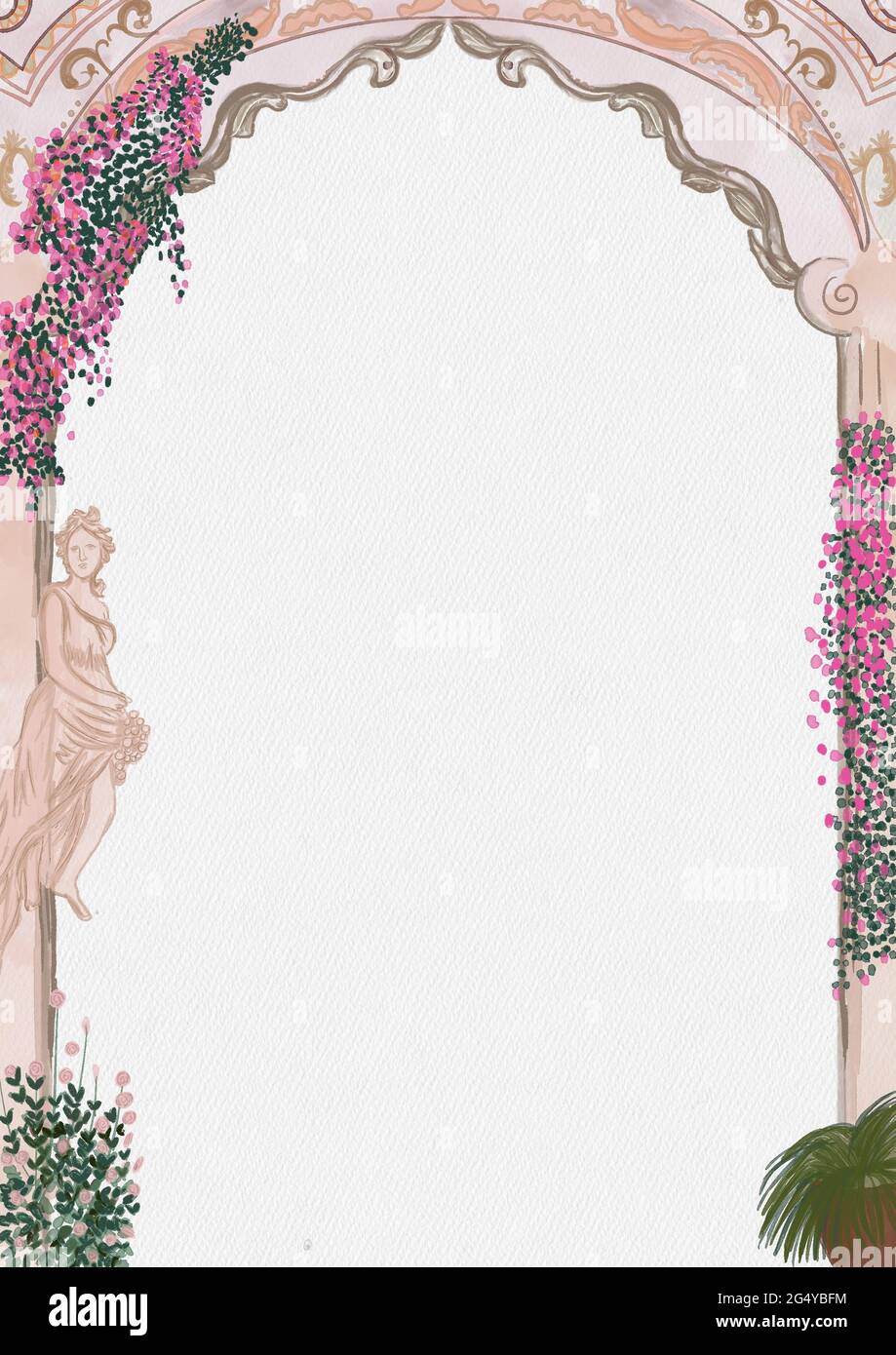 Vertical shot of a white background with a decorative arched frame ...