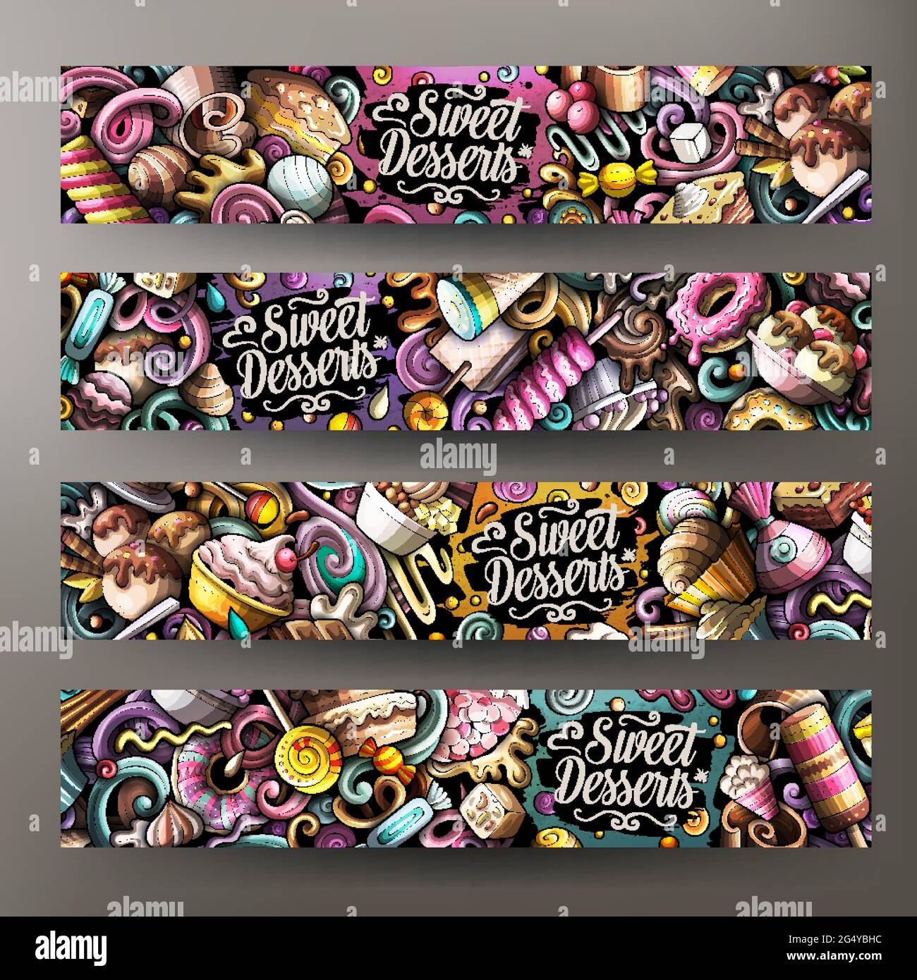 Cartoon cute doodles Desserts horizontal banners set Stock Vector Image ...