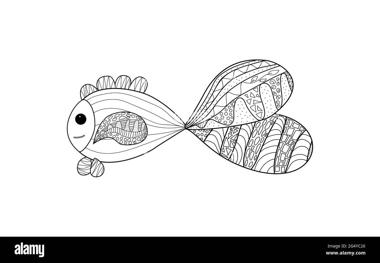 coloring page cute fish with doodle patterns with a big tail on a white ...
