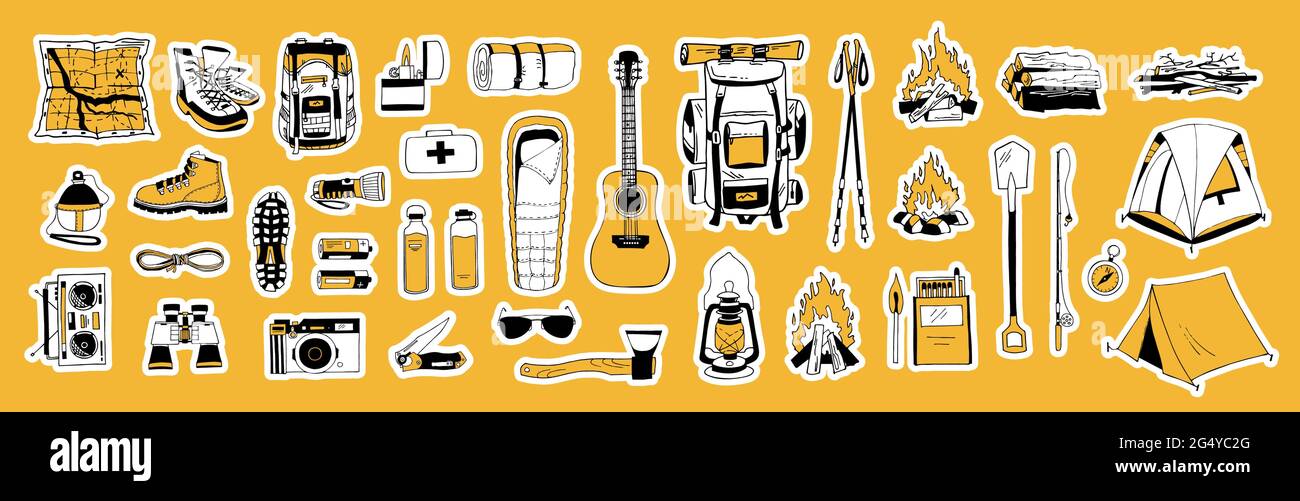 Sticker pack. Collection of camping stickers. Vector hand drawn ...