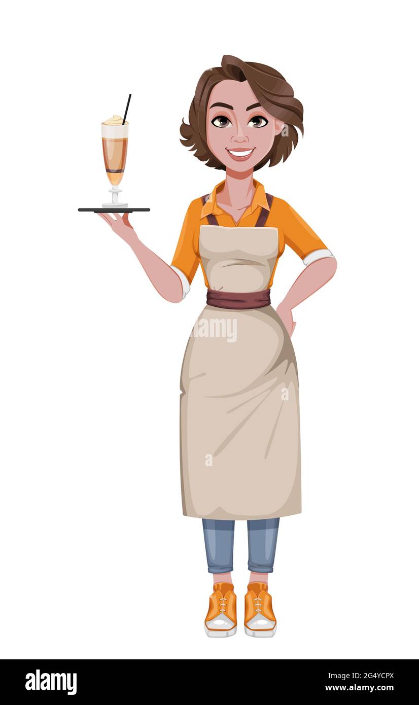 Female barista. Coffee business concept. Cheerful barista cartoon ...
