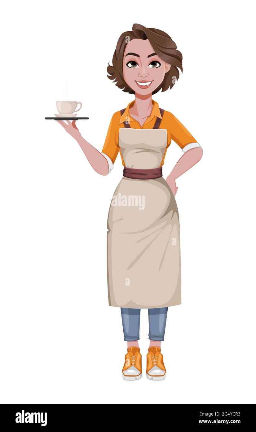 Female barista serving coffee. Coffee business concept. Cheerful ...