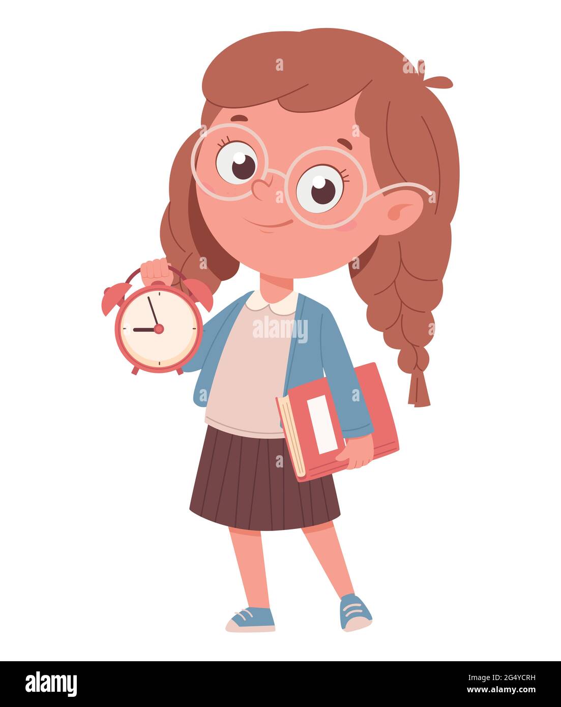 Cheerful schoolgirl holding a book and clock. Funny cartoon character ...