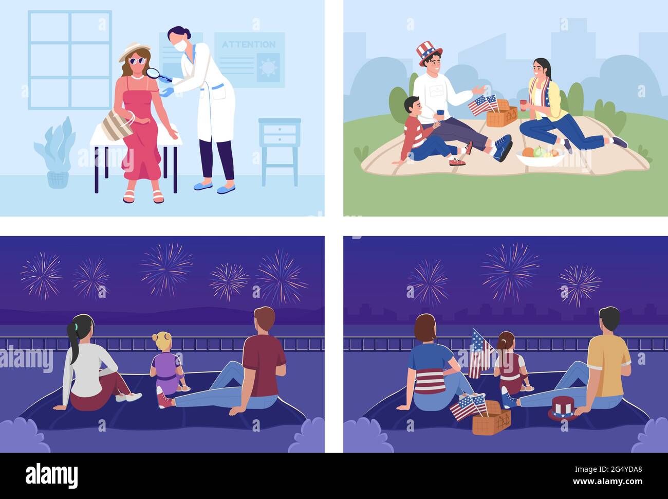 Family outdoor celebration and sun protection flat color vector ...