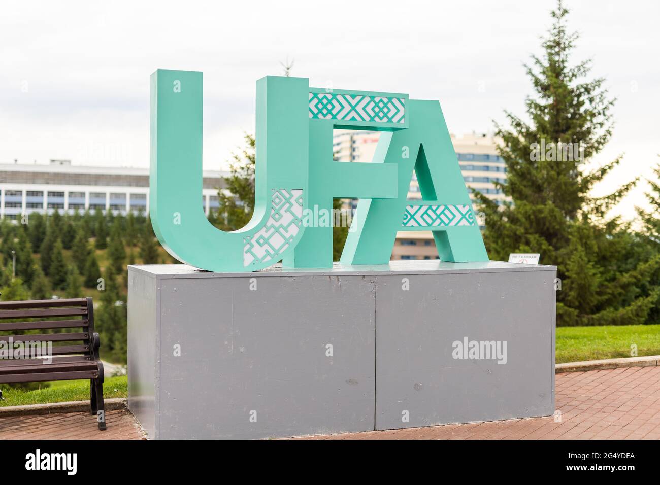 Ufa, Russia - 15 june 2021: inscription Ufa near congress hall Toratau ...