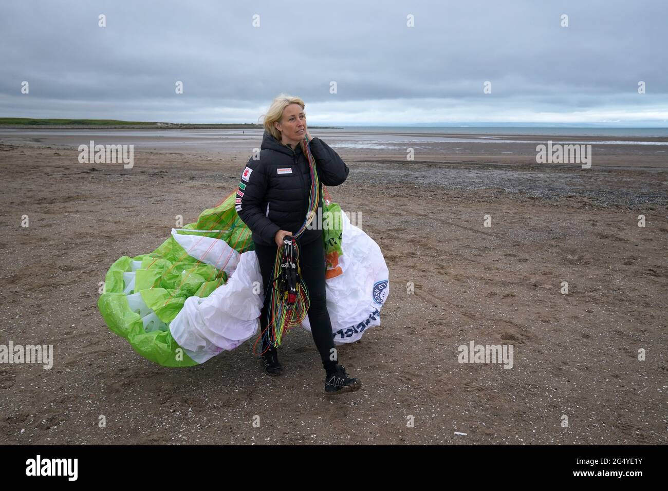 Paramotorist Sacha Dench with her adapted electric paramotor as she ...