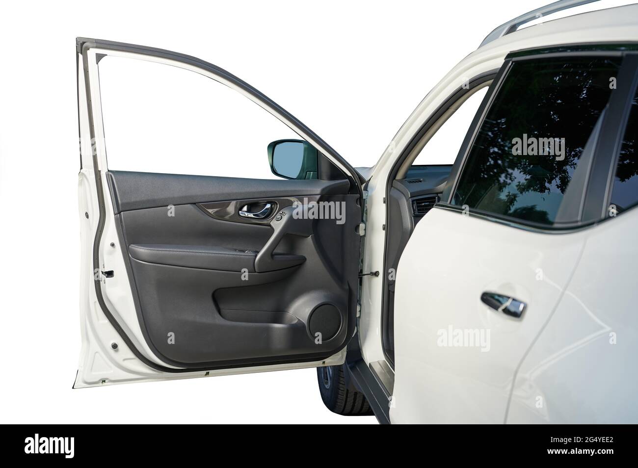 Open front suv white car door isolated close up view Stock Photo - Alamy