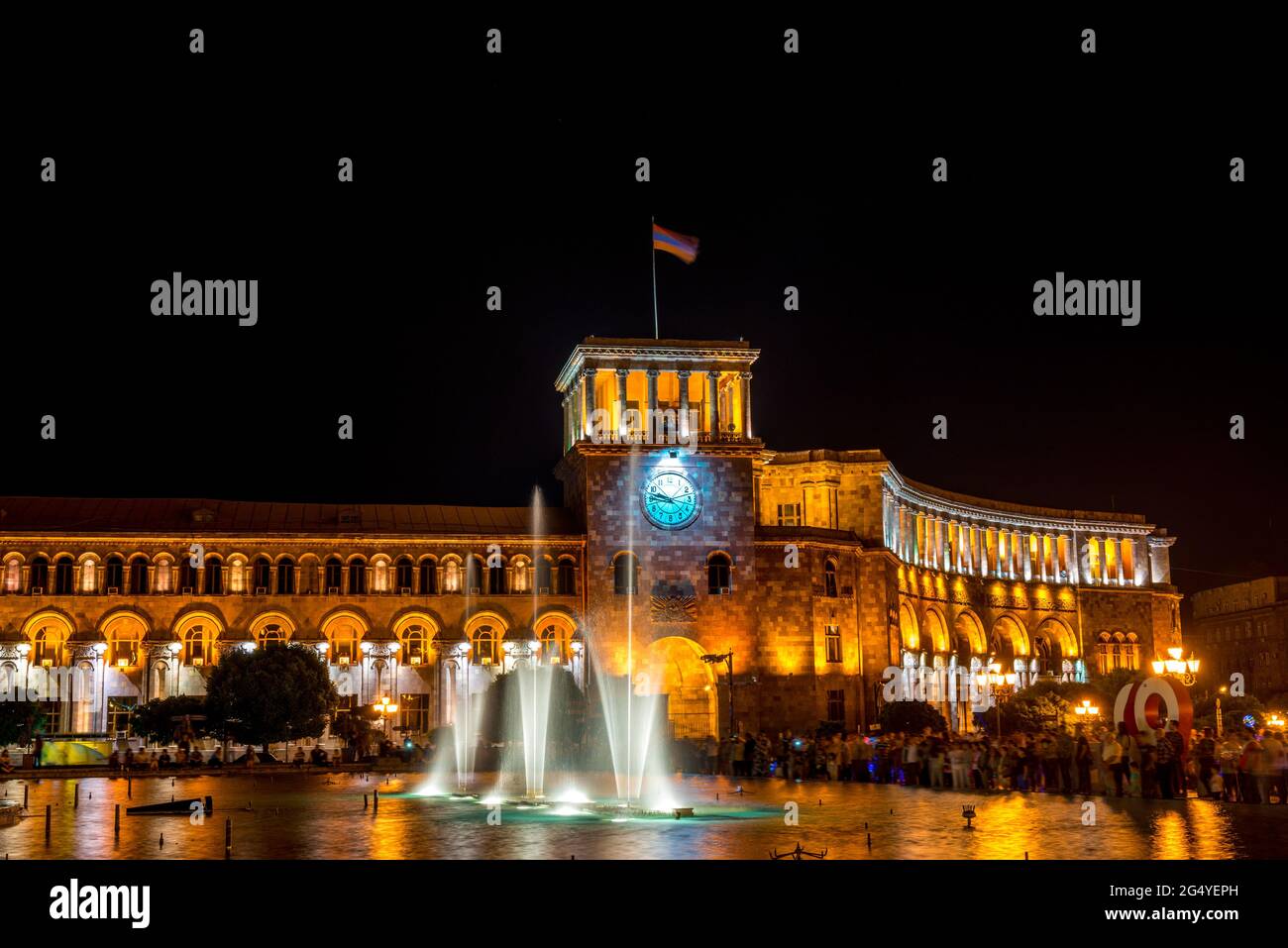 Evening fountain at the Republic Square in Yerevan, capital of Armenia ...