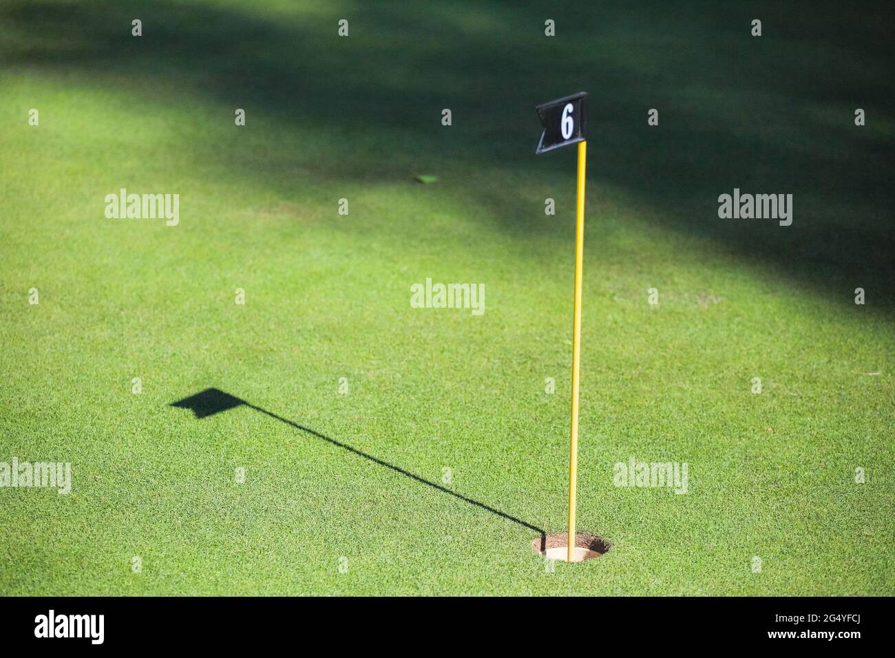 Flag in a golf hole on the background of green grass and golf balls ...