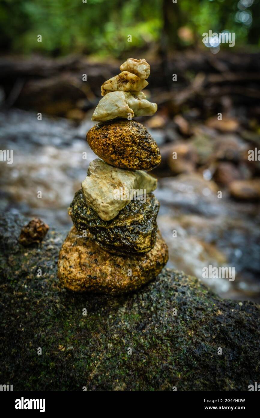 Zen Calming Concept. Rocks tower over the river in the rainforest Stock ...