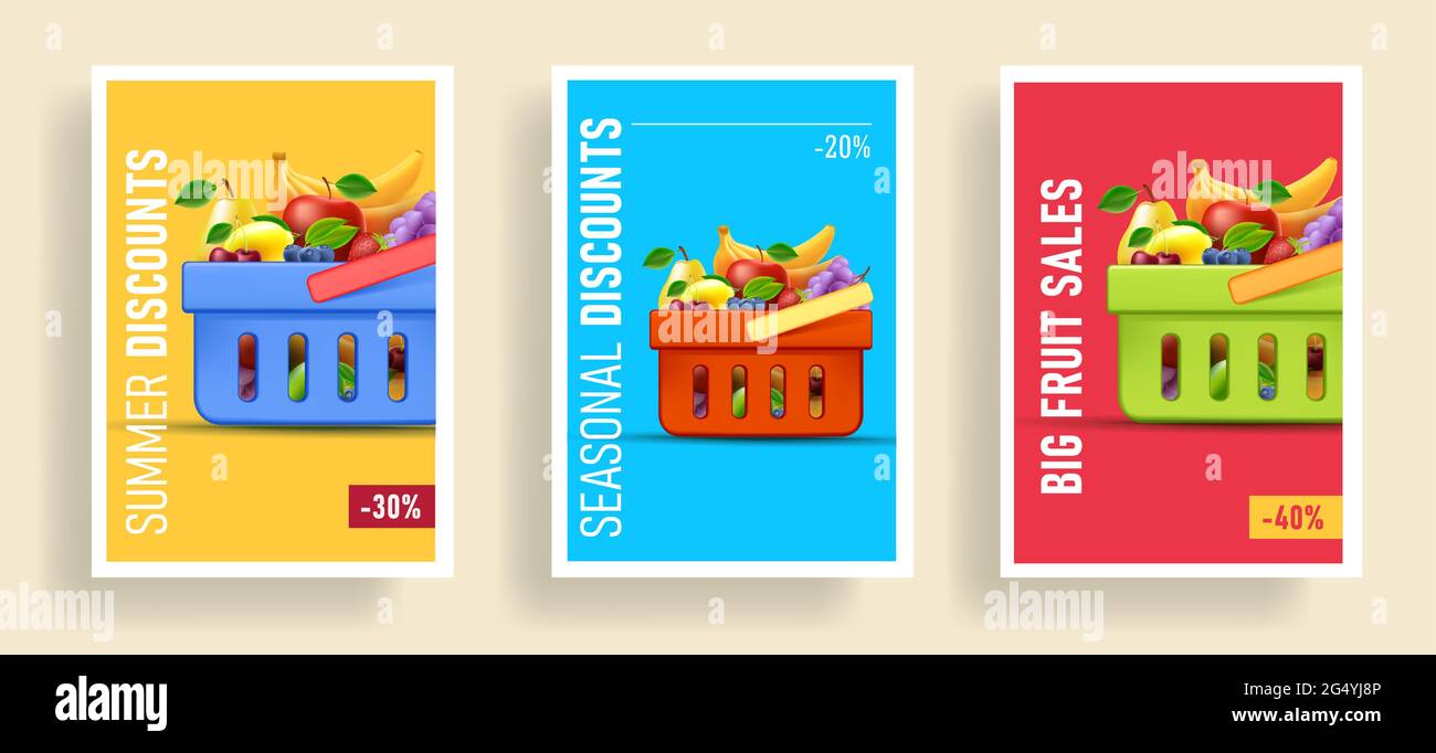 Super market posters with shopping basket full of fruits and beries ...