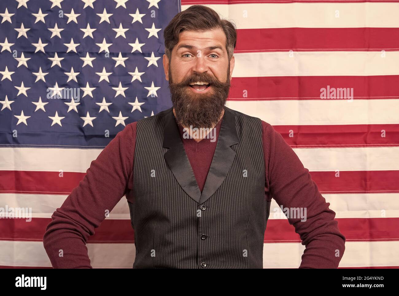 Bearded man school teacher teaching USA flag background, states of ...