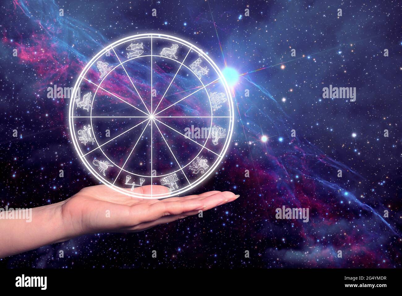 hand holding a wheel with zodiac signs Stock Photo - Alamy