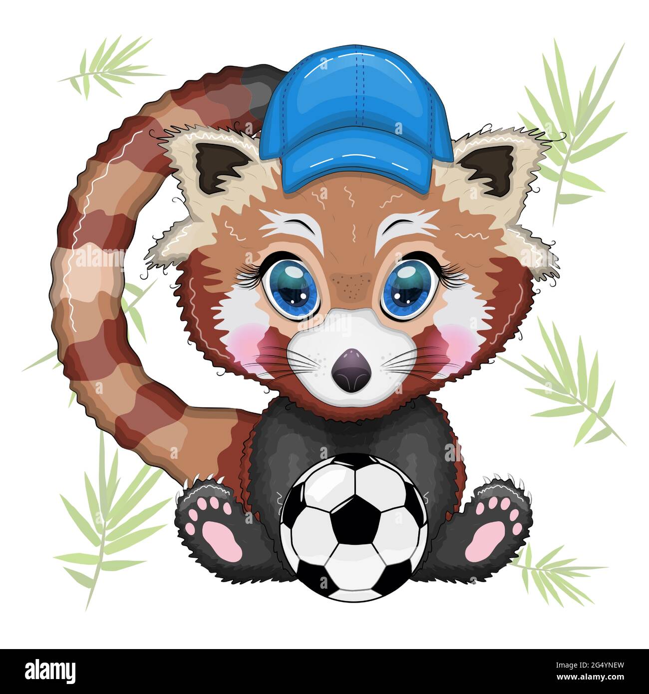 Red panda boy in blue cap hat with soccer ball, vacation, summer ...