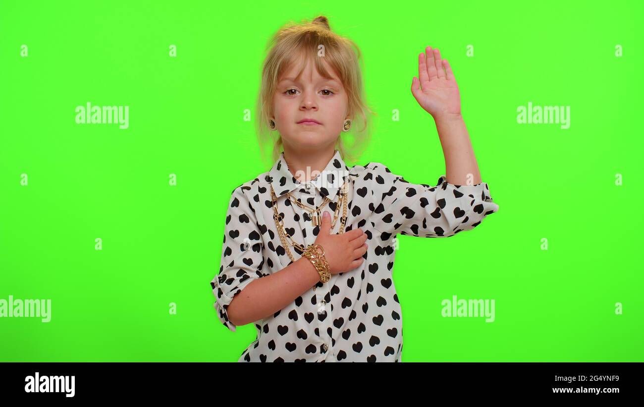 Child kid swear to be honest, aising hand to take oath promising to ...