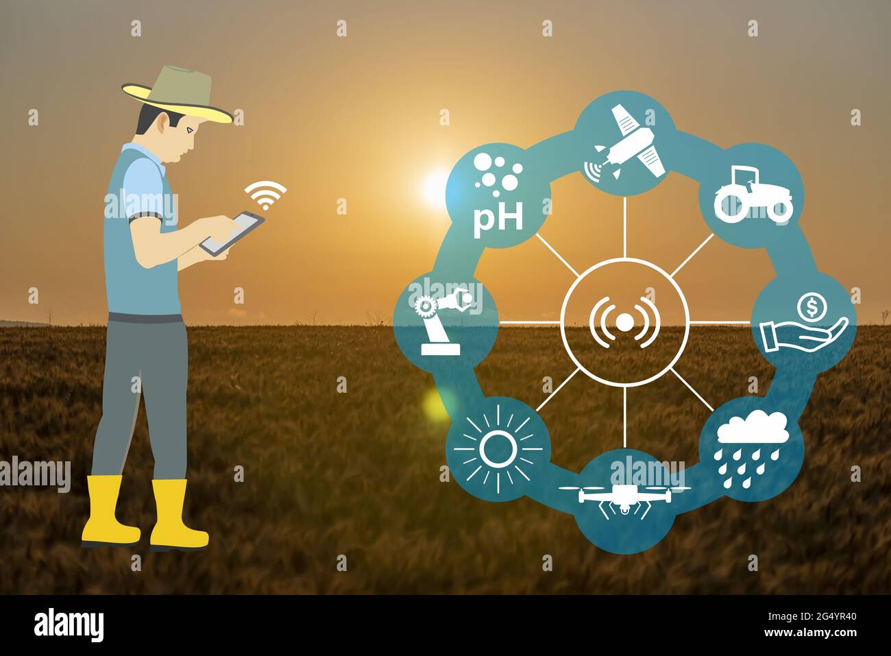 Illustration of a farmer using an app with a wheat field in background ...