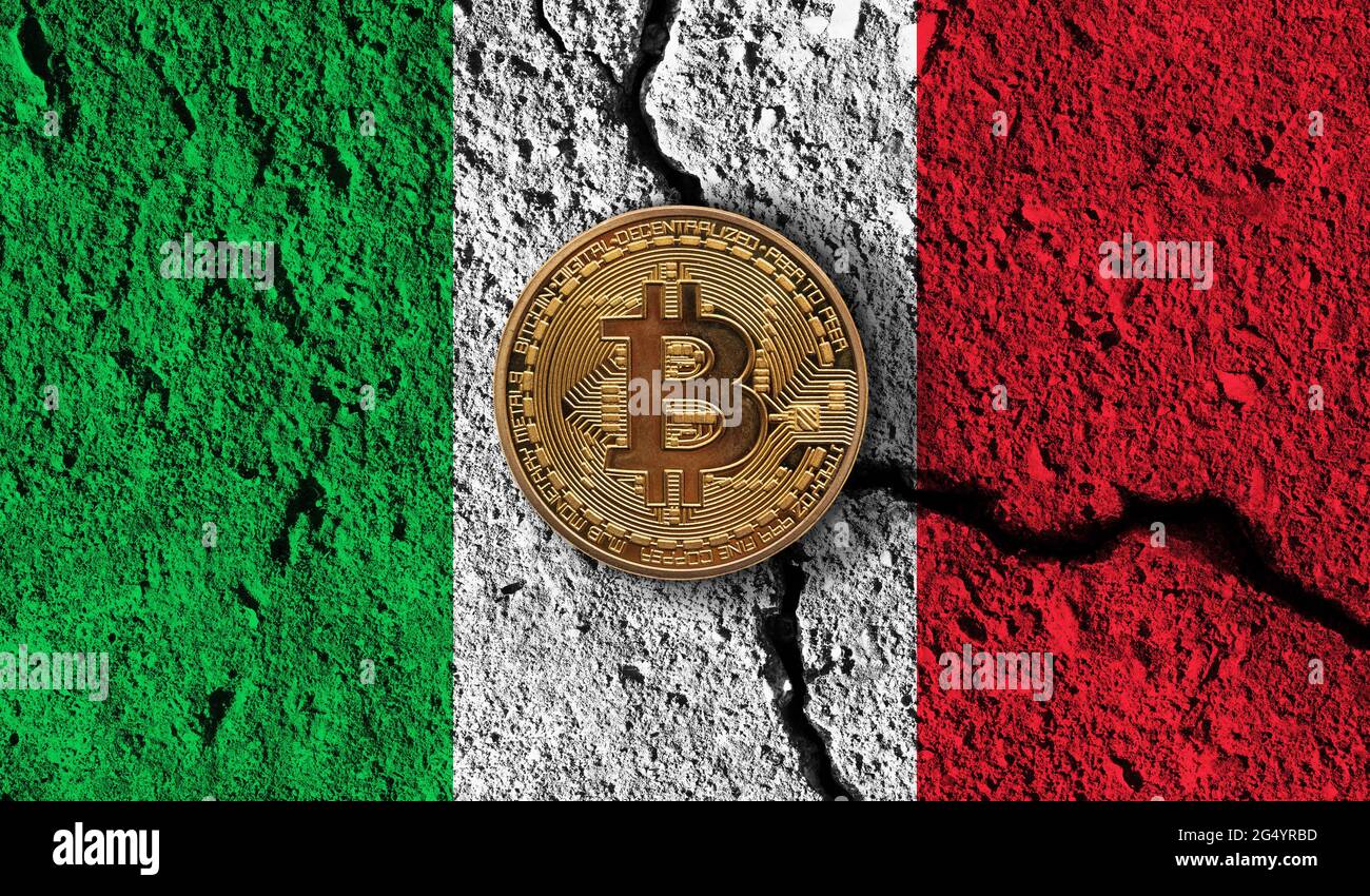 Bitcoin crypto currency coin with cracked Italy flag. Crypto ...