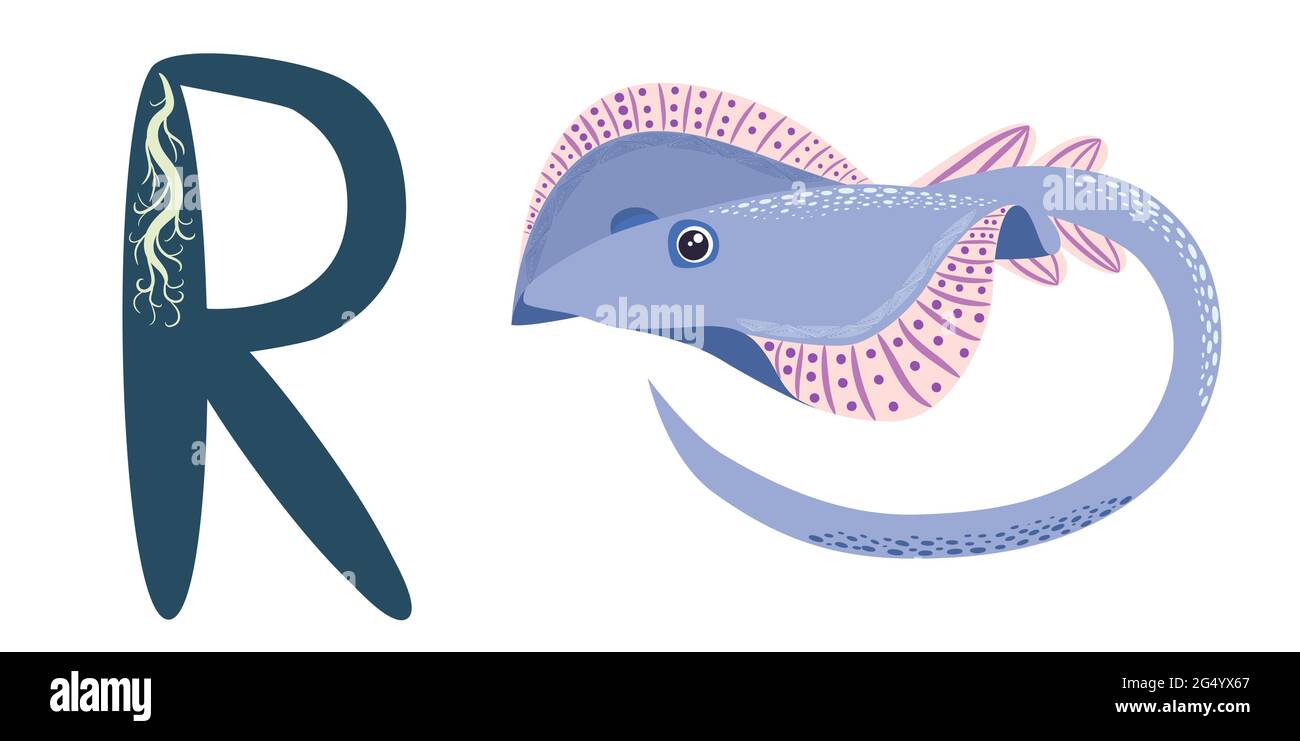 ABC kids letter ray fish Blue spotted sea animal cartoon character ...