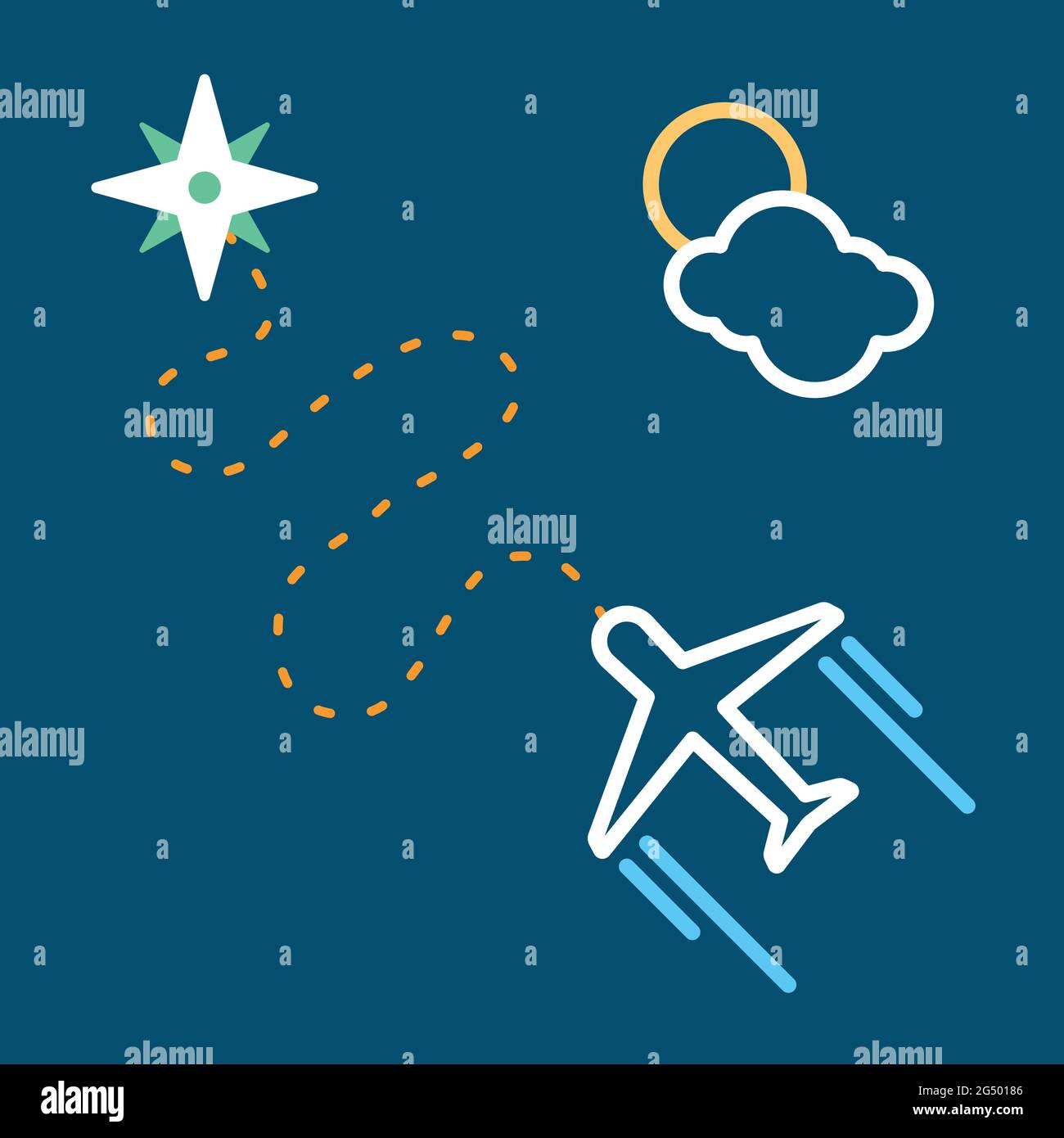 Airplane flying. Outline icons. Blue sky. Vector illustration, flat ...