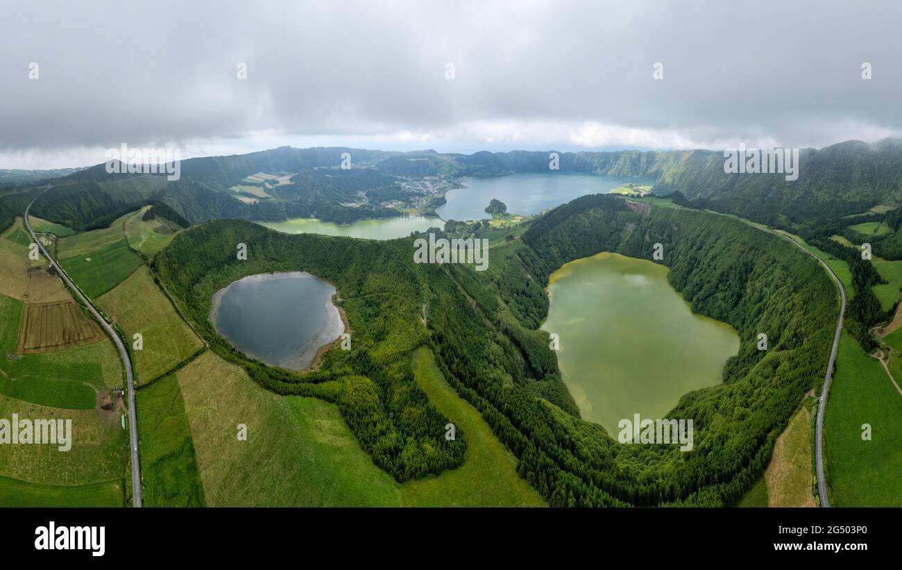Azores landscape view. Aerial view of the lagoons on the island of Sao ...