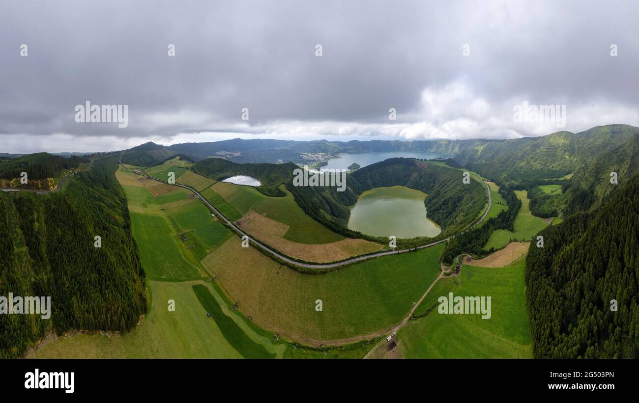 Azores landscape view. Aerial view of the lagoons on the island of Sao ...