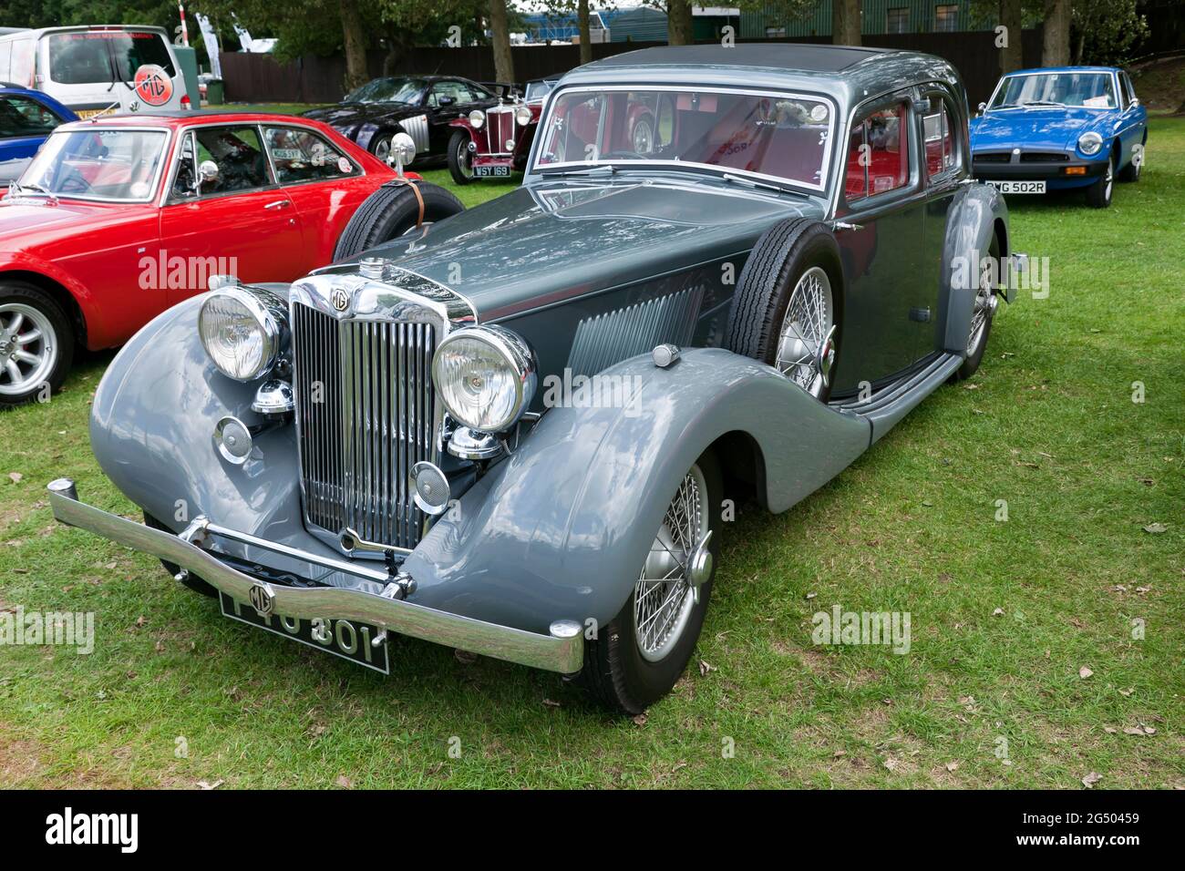 Three-quarter front view of a Grey, 1939, MG WA, on display in the MG ...